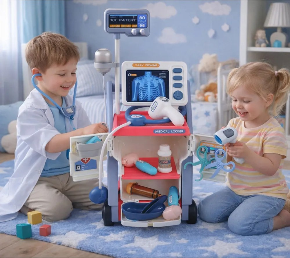 LEAN Toys Sada malého lékaře s vozíkem RTG a EKG, světla, růžová, 16 ks
