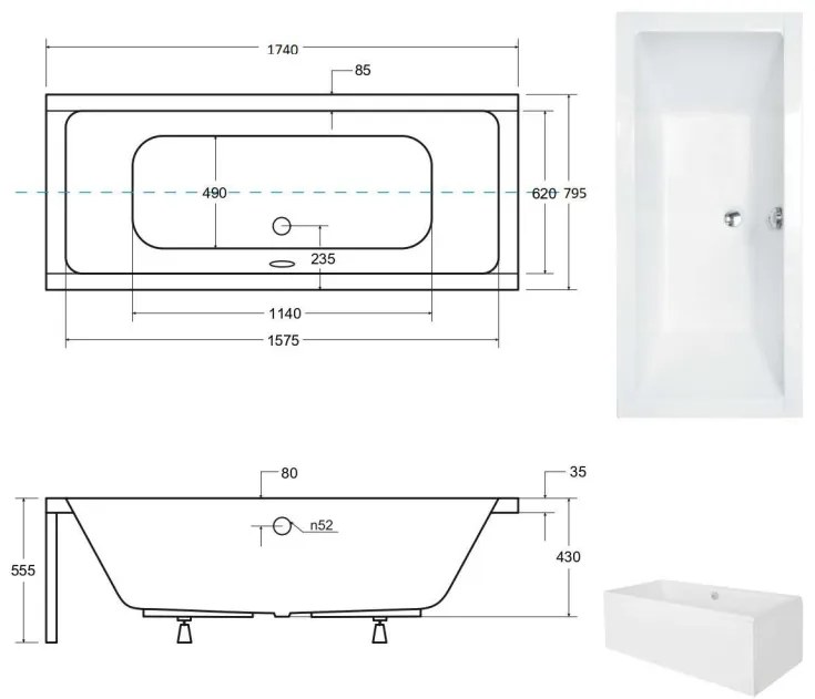 Besco Quadro akrylátová vana 175, 180 Délka vany: 180cm