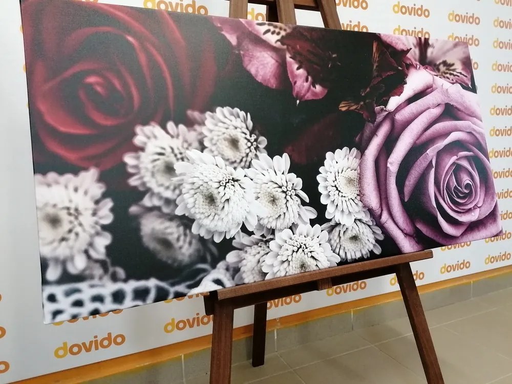 Obraz kytice růží v retro stylu - 120x60 cm