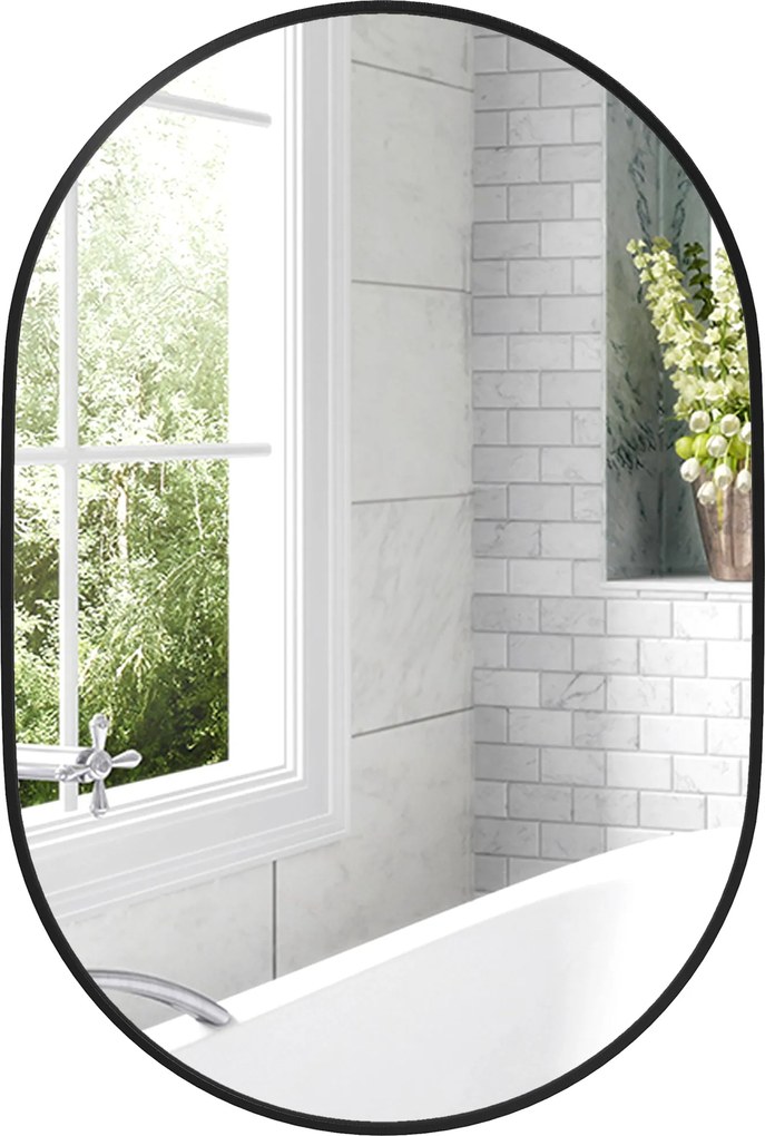 HOMCOM Oválné Koupelnové Zrcadlo 60x90cm z Tepelného Skla, Moderní Nástěnné Zrcadlo s Hliníkovým Rámem, Vertikální/Horizontální Montáž, pro Ložnici, P