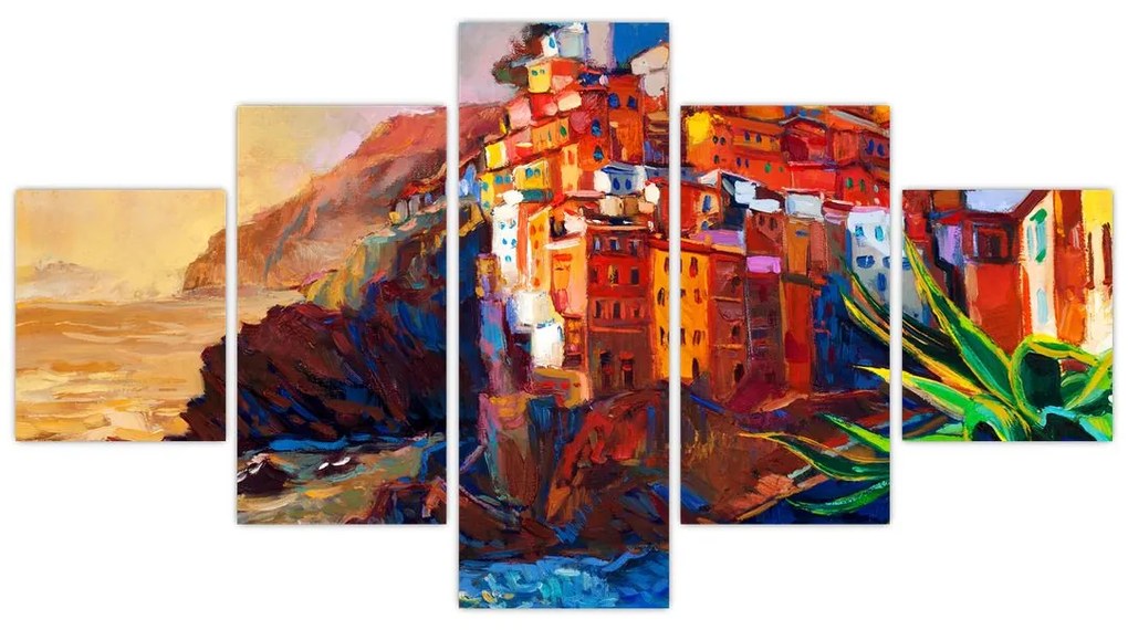 Obraz - Vesnice na pobřeží Cinque Terre, Italská riviéra, moderní impresionismus (125x70 cm)