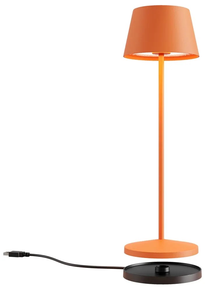 Redo Group 90215 La Nuit, moderní venkovní stolní lampa na baterii LED 2,2W 2700-3000K, stmívatelná, USB, svítí 9hod, kulatá oranžová, výška 36cm, IP65