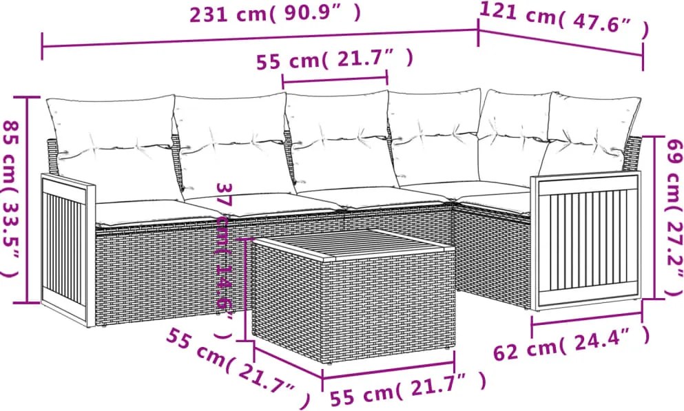 6dílná zahradní sedací souprava s poduškami béžová polyratan 3260035