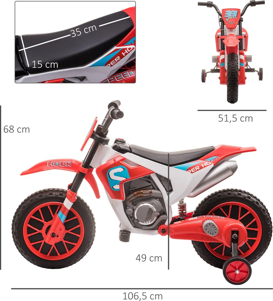 HOMCOM Dětská Elektrická Motorka 12V s 2 Odnímatelnými Stabilizátory pro Děti od 3 Let PP Kovová Červená+Bílá 106,5 x 51,5 x 68 cm
