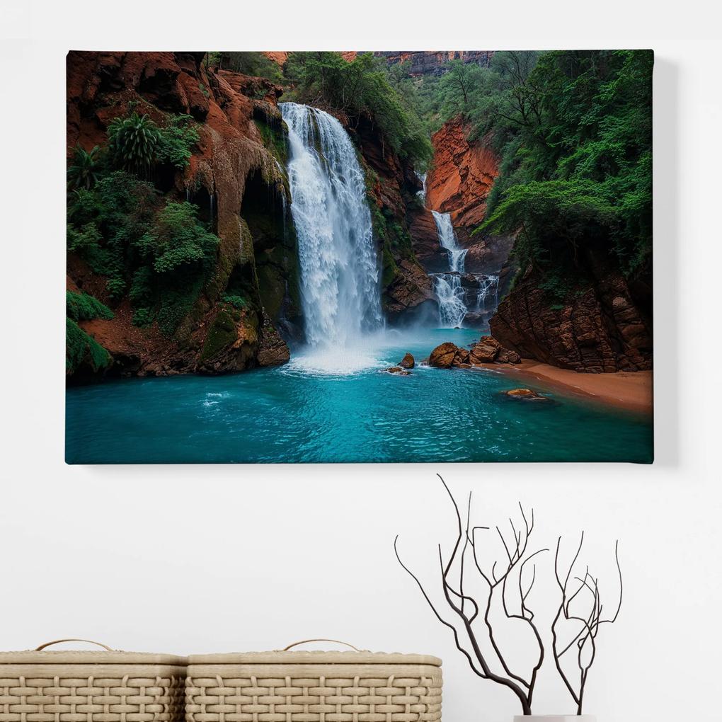 Obraz na plátně - Vodopády pod červenou skálou FeelHappy.cz Velikost obrazu: 150 x 100 cm