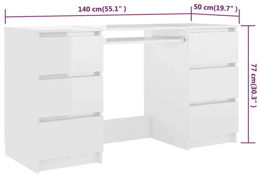 Psací stůl bílý s vysokým leskem 140x50x77 cm kompozitní dřevo