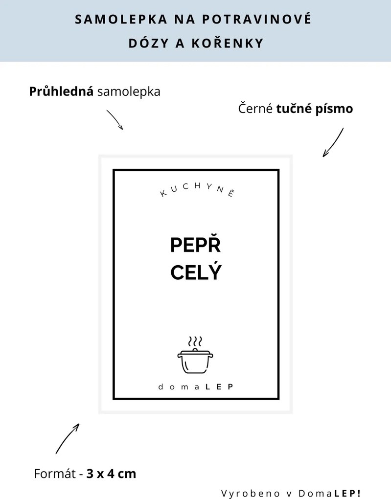 Samolepka na kořenky PEPŘ CELÝ průhledná 3 × 4 cm tučné písmo