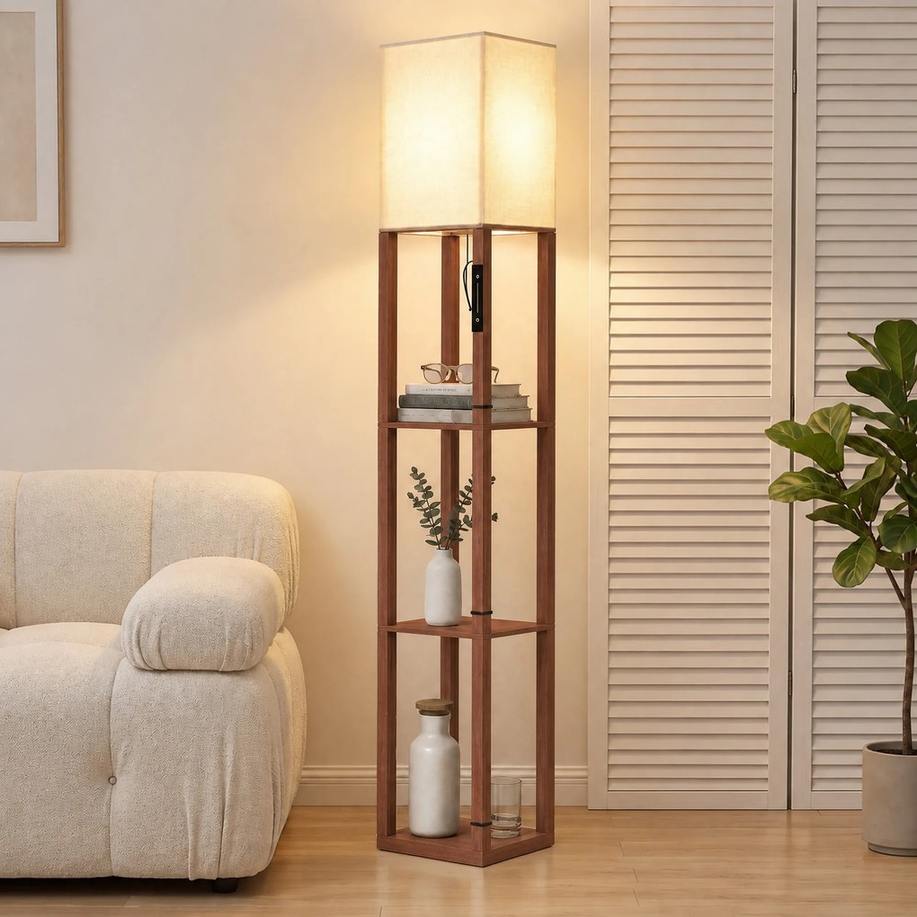 HOMCOM stojací lampa se 3 policemi a stmívatelnou LED, hnědá
