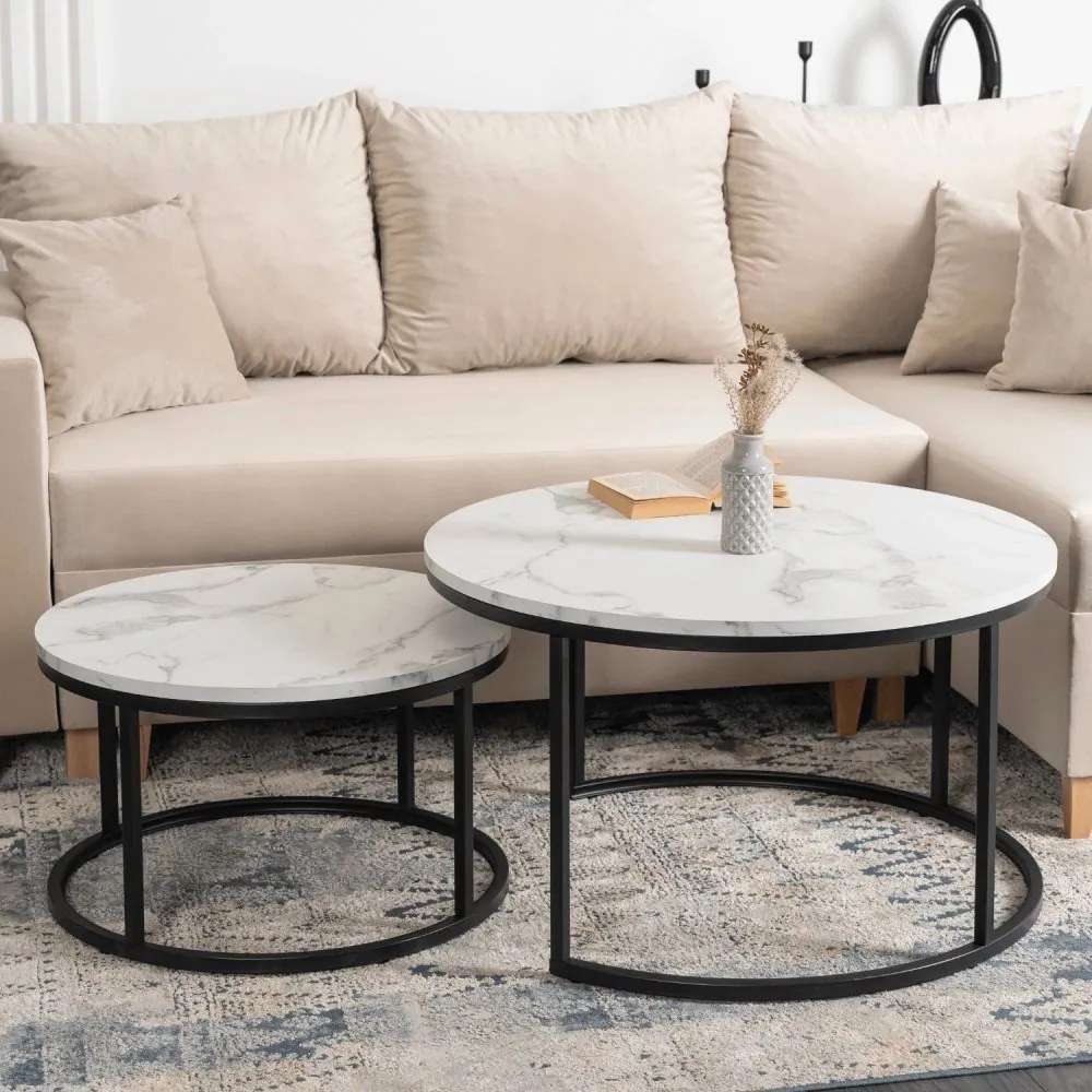 Mebel Elite Elegantní sada stolků DAFNE MAX, bílý mramor a černý kov Meble Elite