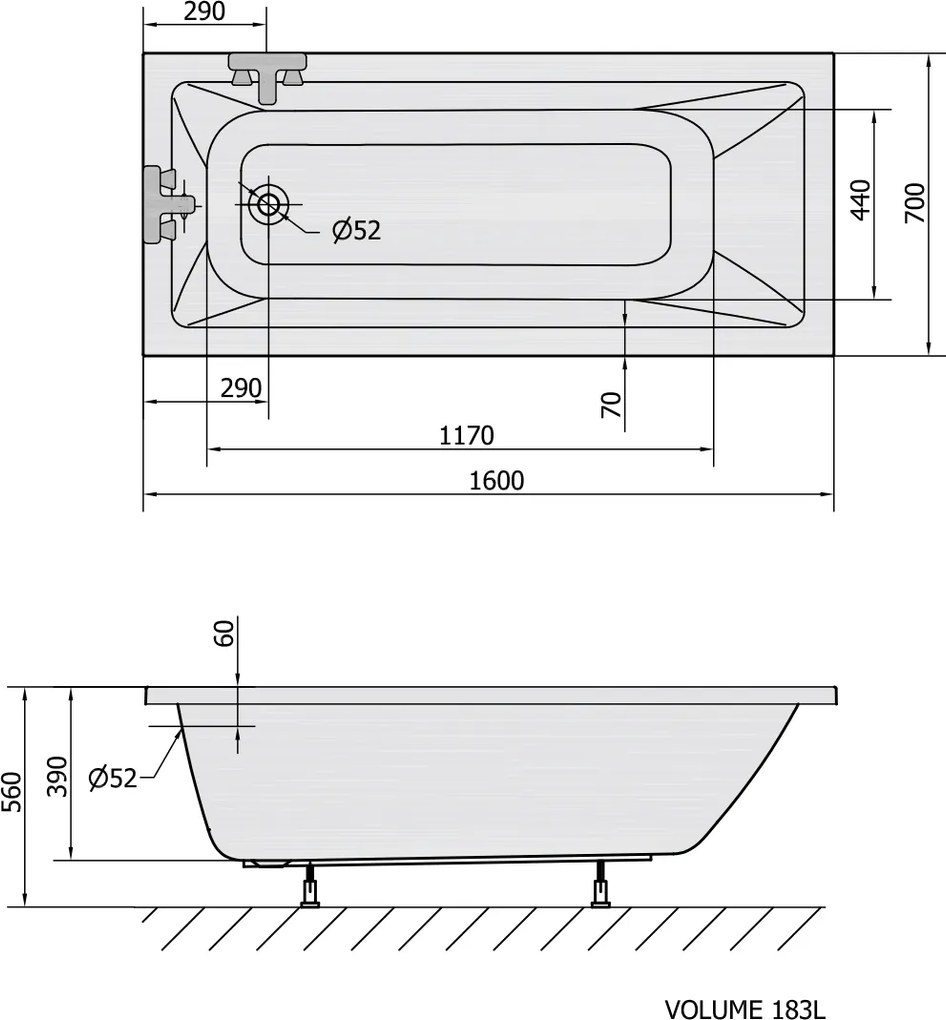 Polysan, NOEMI obdélníková vana 160x70x39cm, bílá, 71707