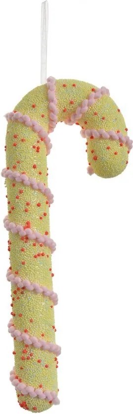 Žlutá vánoční ozdoba cukrová hůlka s růžovou šňůrkou - 10*3*26 cm