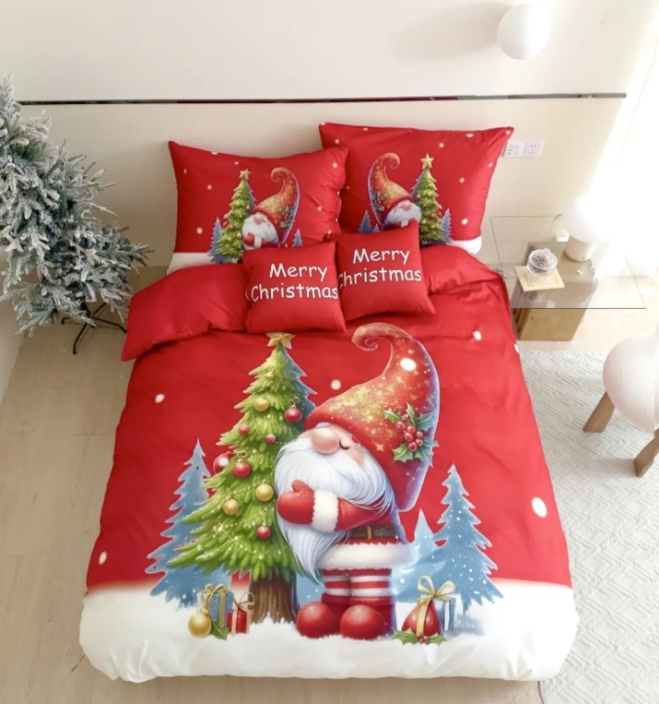 3  dílné Vánoční Flanelové Povlečení 3D polycotton  Červený Trpaslík + 90x70 cm TiaHome