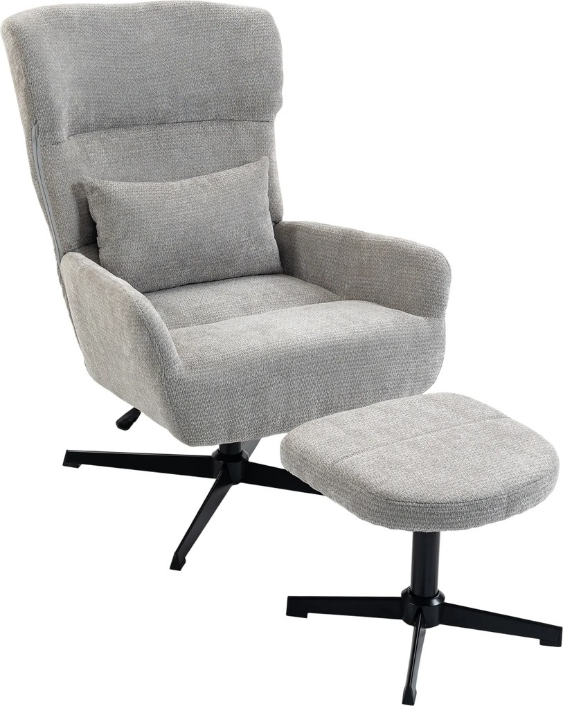 HOMCOM 360° otočné lounge křeslo s podnožkou, výškově nastavitelné, potah z chenille, s bederním polštářem, krémově bílé 83F-010V00GY