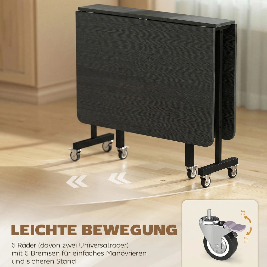HOMCOM skládací jídelní stůl pro 4–6 osob s kolečky a sklápěcími deskami, černý, 120 × 80 × 73 cm