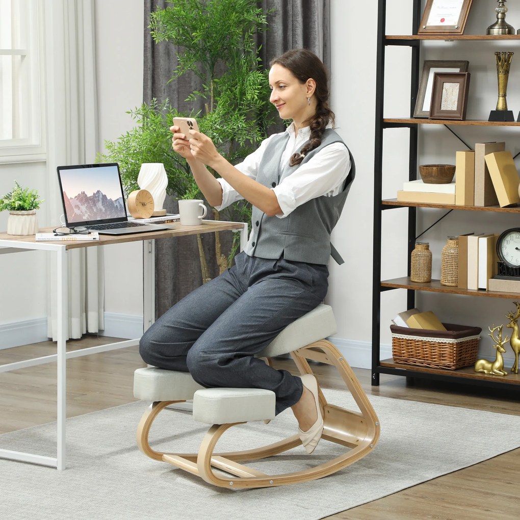 Vinsetto Kolenní židle, ergonomická posezení, polstrovaný stolek pro zdravé sezení, březové dřevo, nosnost 120 kg, krémově bílá