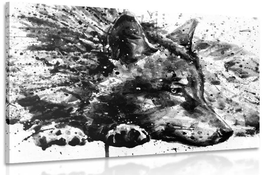 Obraz vlk v akvarelovém provedení v černobílé barvě