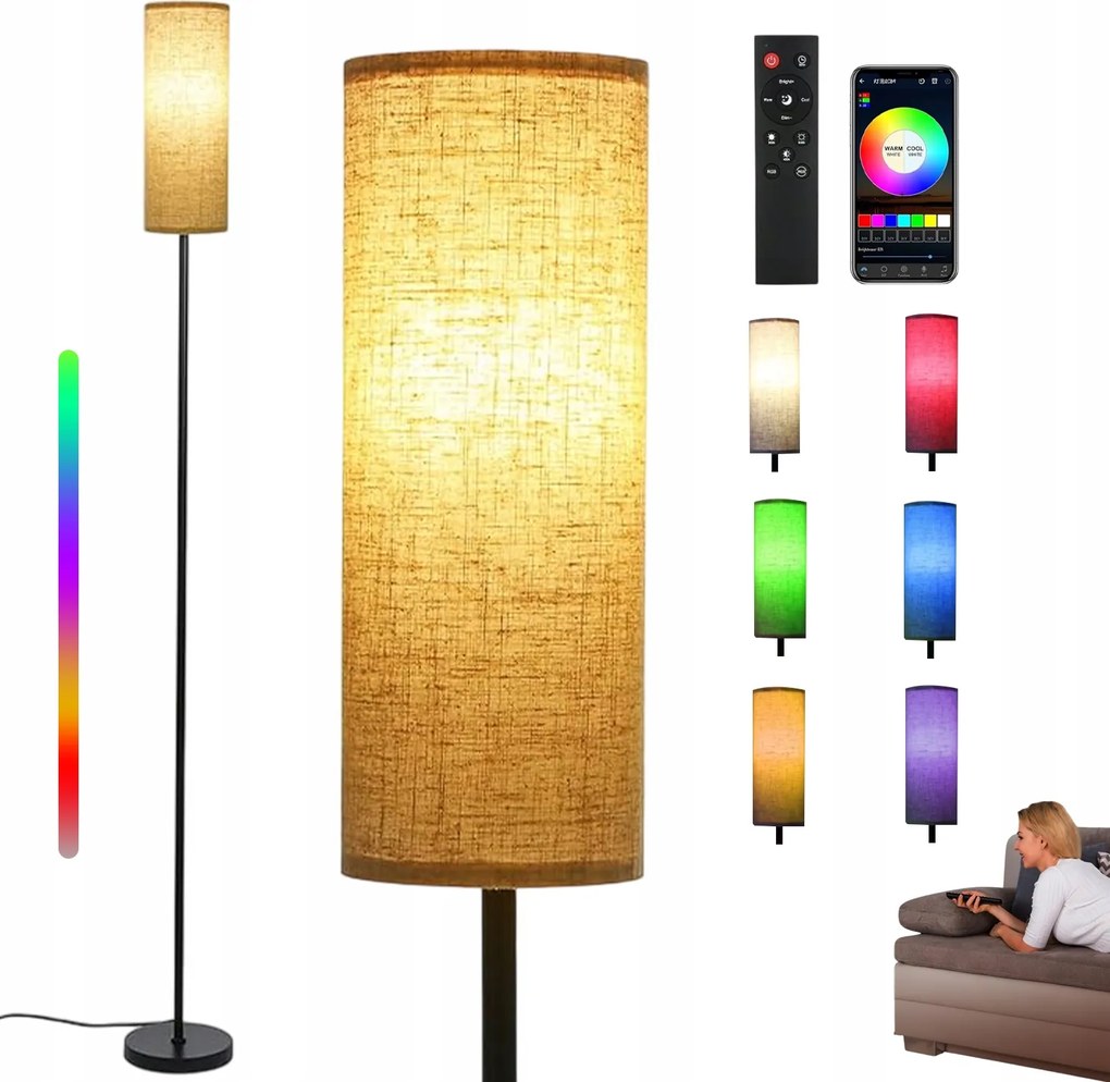 Klasická Stojací Lampa S Lněným Stínítkem 172 CM E27, Jednoduchá, Stmívatelná Led Rgb