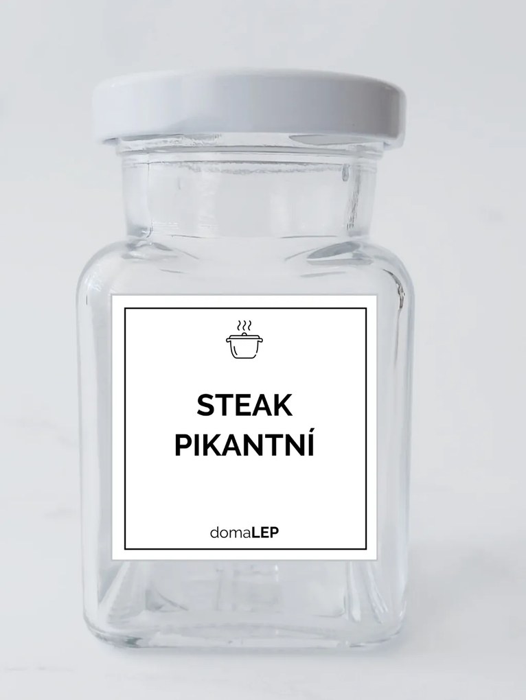 Samolepka na kořenky STEAK PIKANTNÍ bílá 5 × 5 cm tučné písmo