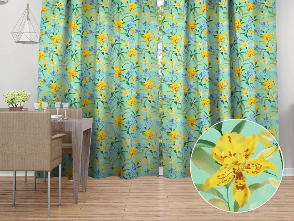 Biante Dekorační závěs TF-082 Žluto-modré lilie na mintovém 140x140 cm