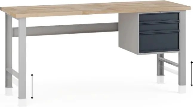 Výškově nastavitelný dílenský stůl G7, buková spárovka, 2000 x 800 x 840-1040 mm, 1x kontejner, 3 zásuvky, grafit