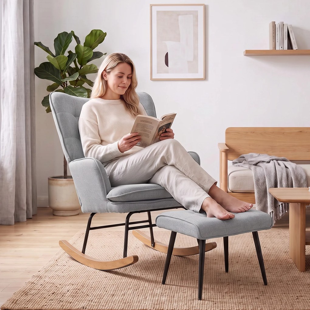 HOMCOM houpací křeslo, houpací křeslo s taburetem, křeslo, lehátko se vzhledem lnu, houpací křeslo do nosnosti 130 kg, světle šedé | Aosom