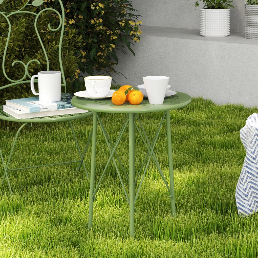 Outsunny Malý Kulatý Boční Stolek, Zahradní Stolek s Vzorem Květin a Listů pro Terasu, Obývací Pokoj, Balkon z Oceli, Zelený | Aosom