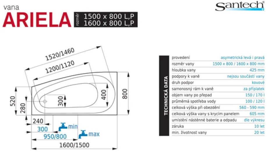 Santech Ariela asymetická rohová vana 150x80 cm pravá SAARI150P