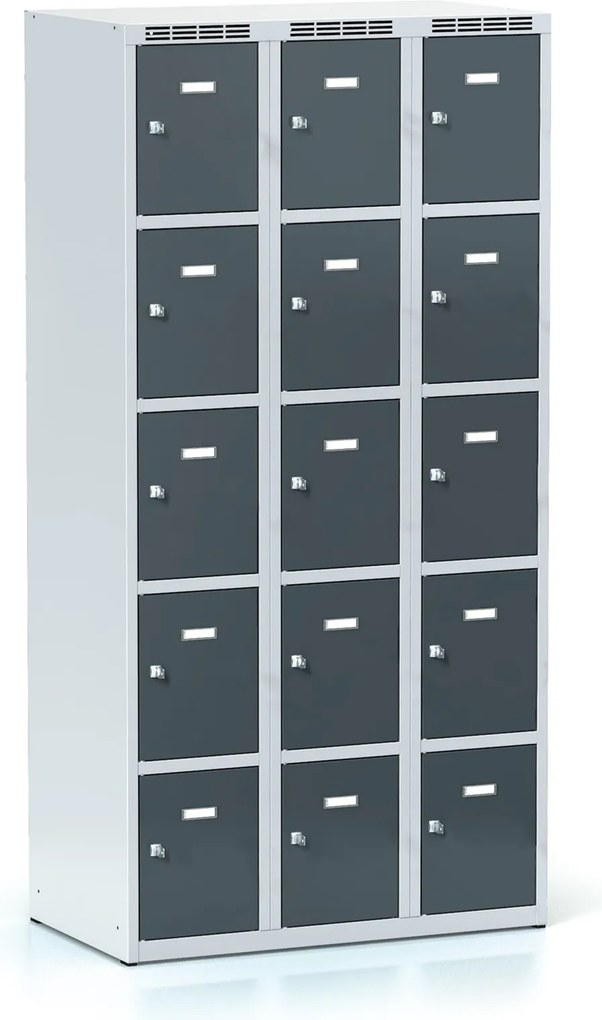 Šatní skříňka S6 s úložnými boxy, 15 boxů, 1800 x 900 x 500 mm, otočný zámek, tmavě šedé dveře
