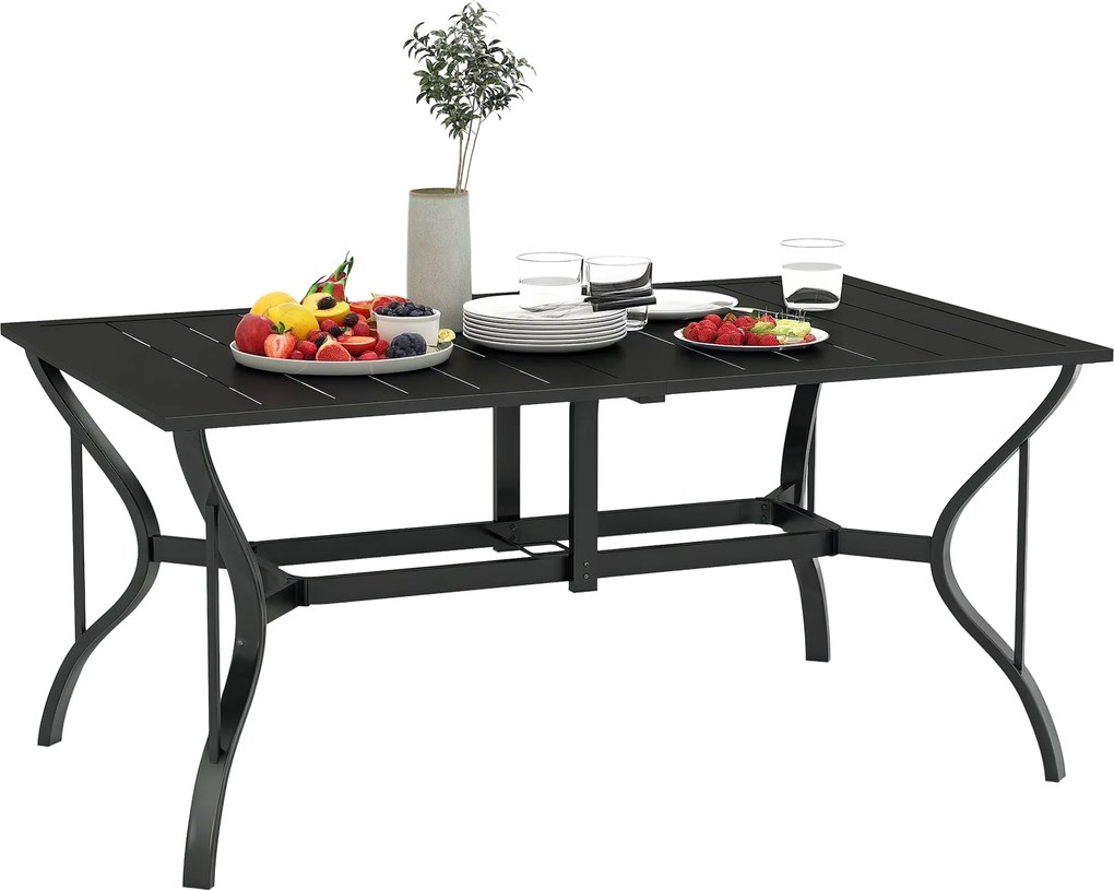 Zahradní stůl Outsunny ocelový 150x90 cm, odolný vůči povětrnostním vlivům, s otvorem pro slunečník, prkenná designová bufetová stůl pro 6 osob na ter