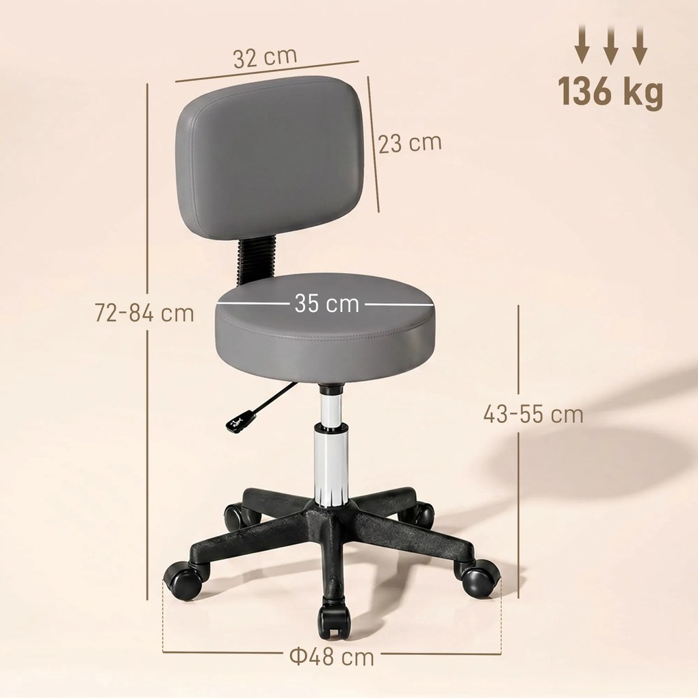 HOMCOM masážní stolička s kolečky, výškově nastavitelná a otočná s ergonomickým opěradlem, šedá