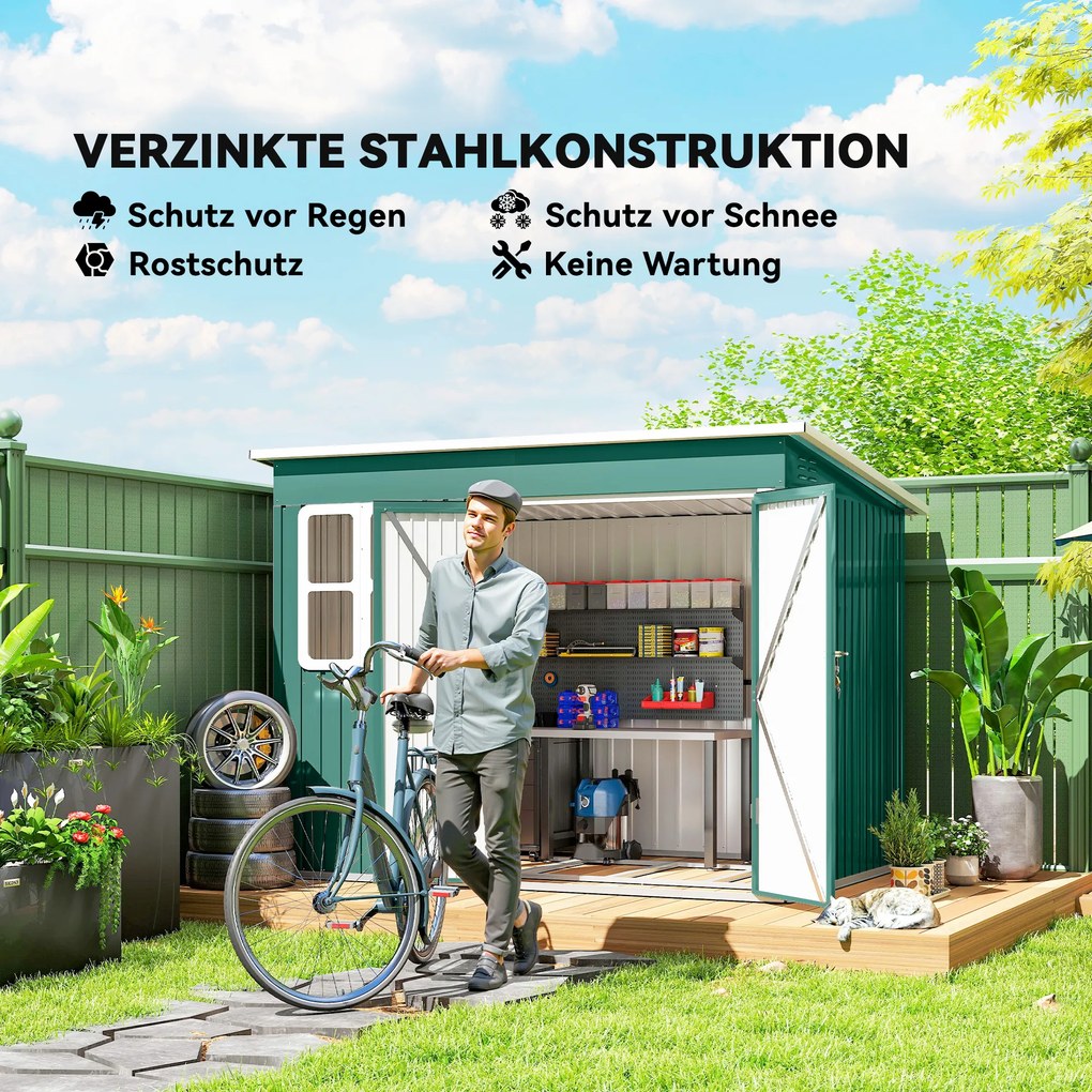Outsunny Kovový kůlny pro skladování zahradního náčiní, s oknem, širokými dveřmi, 260 x 177 x 190 cm, zelený