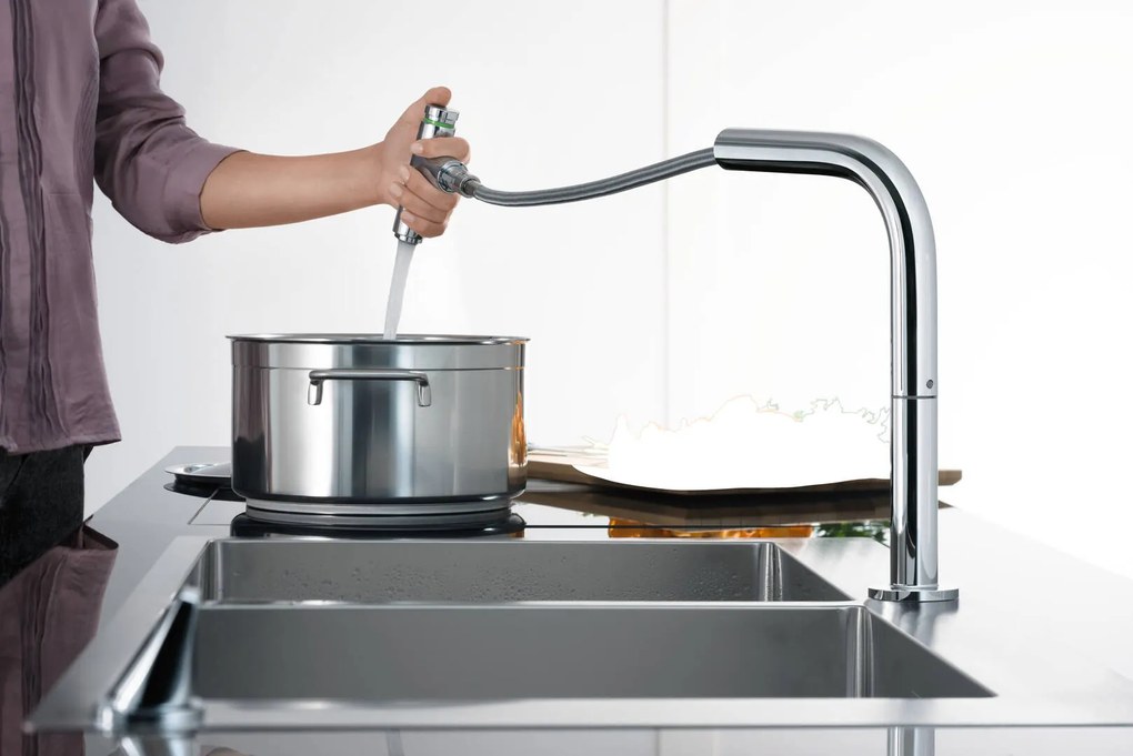 Hansgrohe M71, dřezová baterie M7120-H200 s výsuvnou sprškou, 2-otvorová instalace, sBOX, chromová, 73818000
