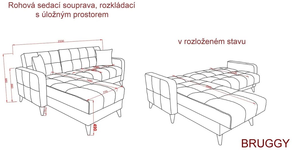 Rohová sedací souprava, rozkládací s úložným prostorem Bruggy - žlutá