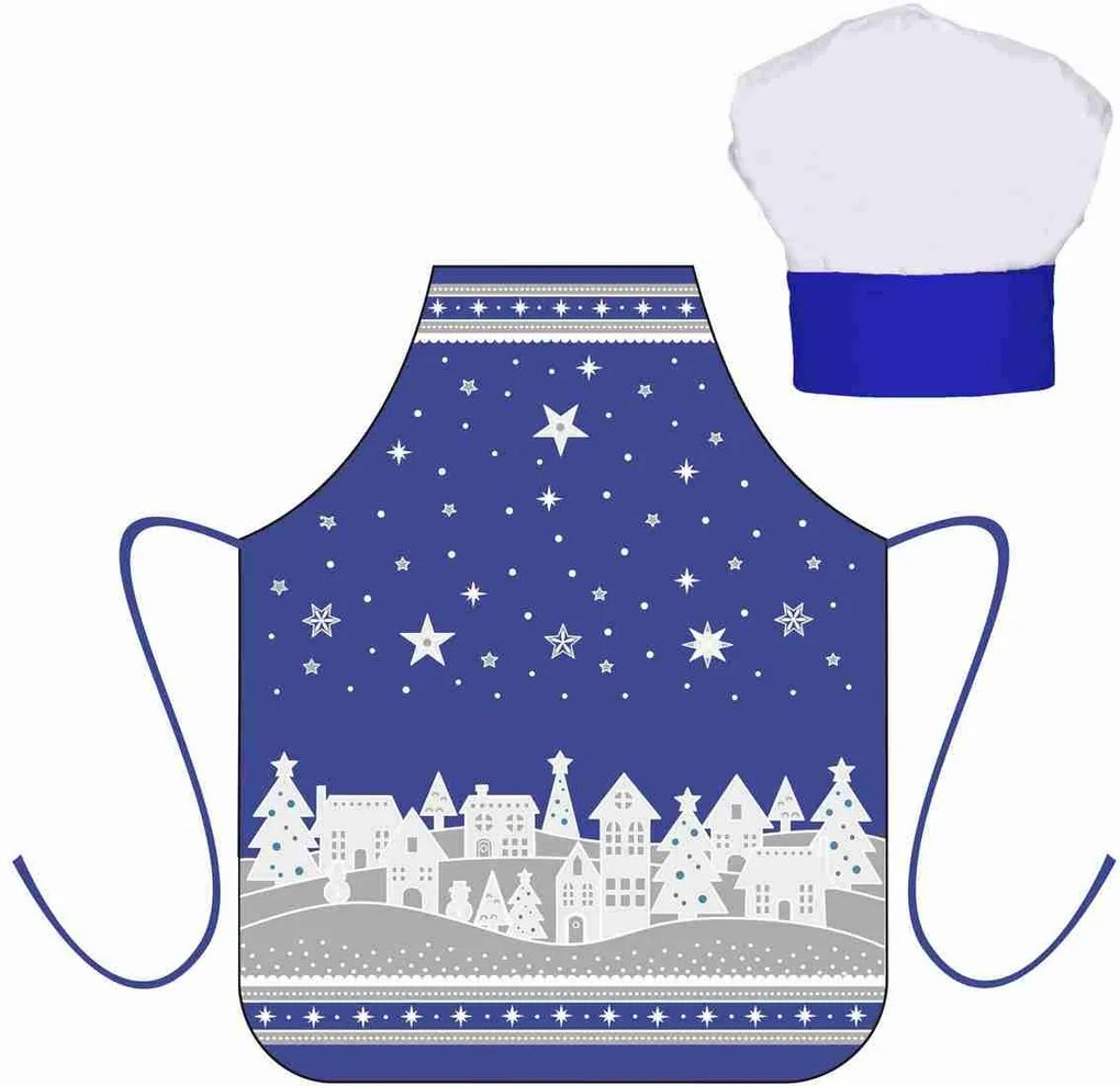 Forbyt Vánoční dětský set zástěra s kuchyňskou čepicí, modrá