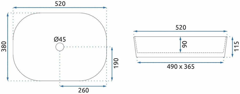 Keramické umyvadlo na desku REA ANGIE 52x37,5 cm, bílé