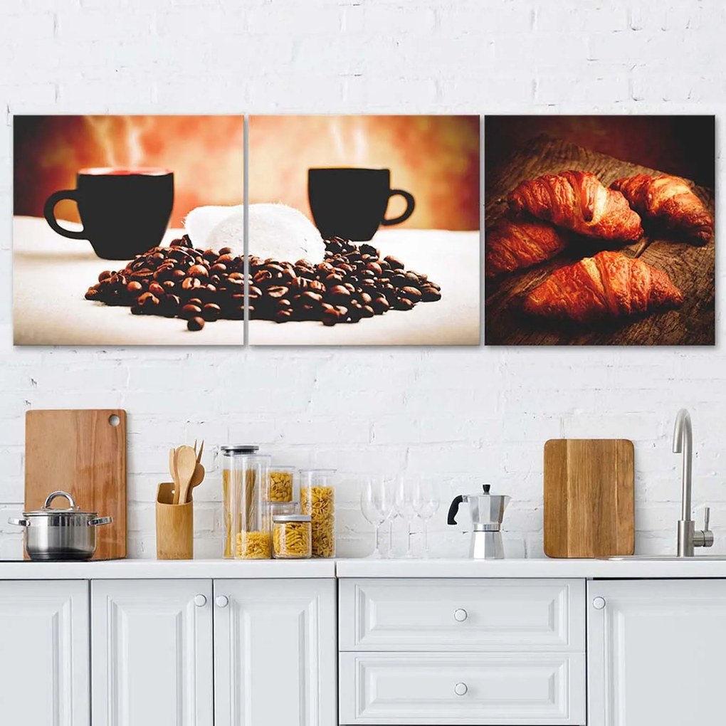 Gario Sada obrazů na plátně Káva a croissanty - 3 dílná Rozměry: 90 x 30 cm