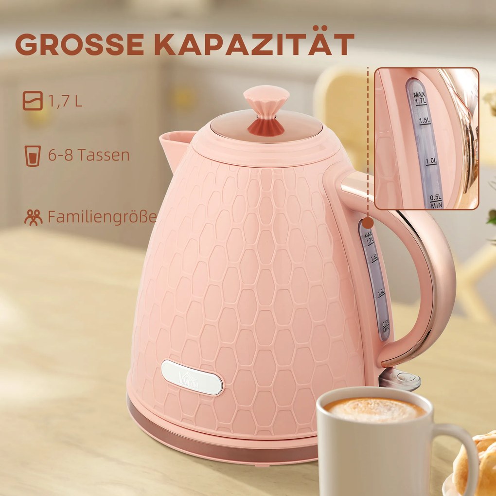 HOMCOM Rychlovarná konvice, 2200 W, průhledné okénko, filtr, rychlovarná, světle růžová