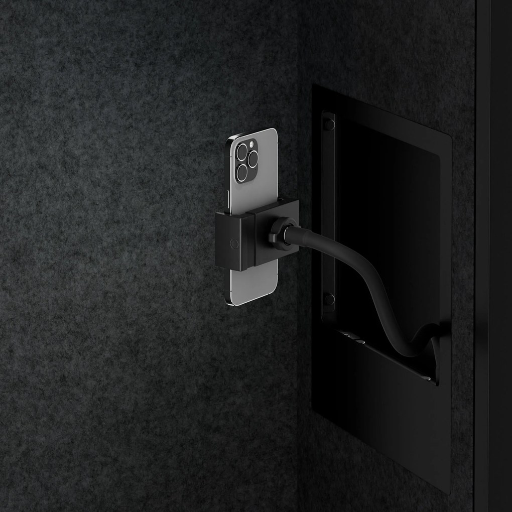 Kancelářská akustická kabina se sedátkem a USB-C portem, korpus černý / sedák tmavě šedá, 1150 mm: SALLY MentalBox