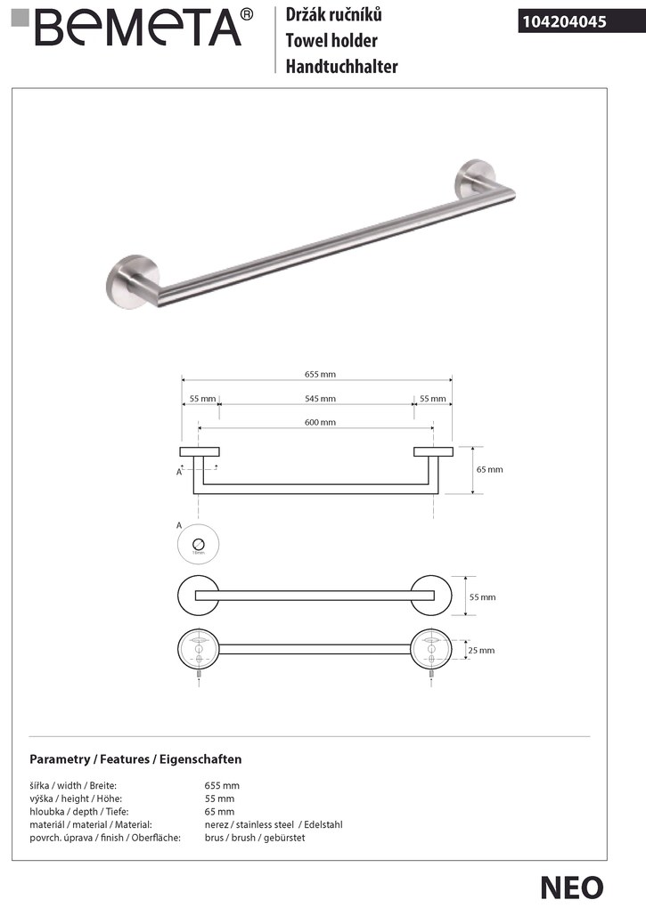 Bemeta Design NEO: Držák ručníků, 600 mm - 104204045