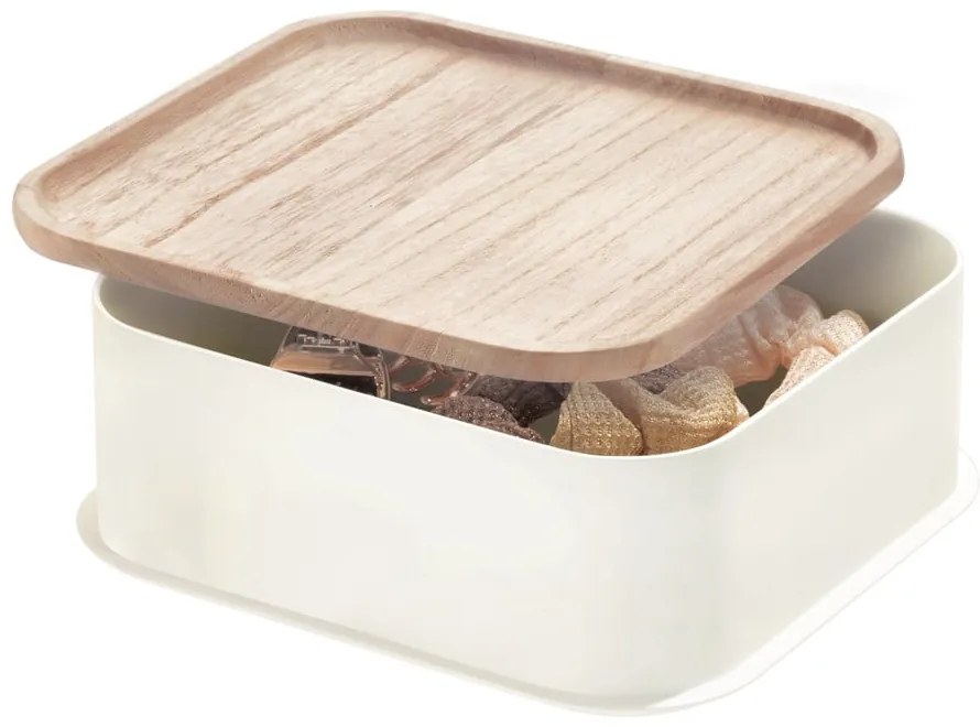Bílý úložný box s víkem ze dřeva paulownia iDesign Eco, 21,3 x 21,3 cm