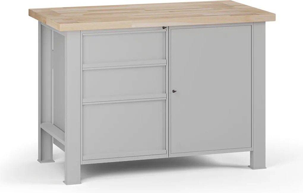 Dílenský pracovní stůl G7, buková spárovka, 1200 x 685 x 840 mm, 1x skříňka, 3 zásuvky, šedá