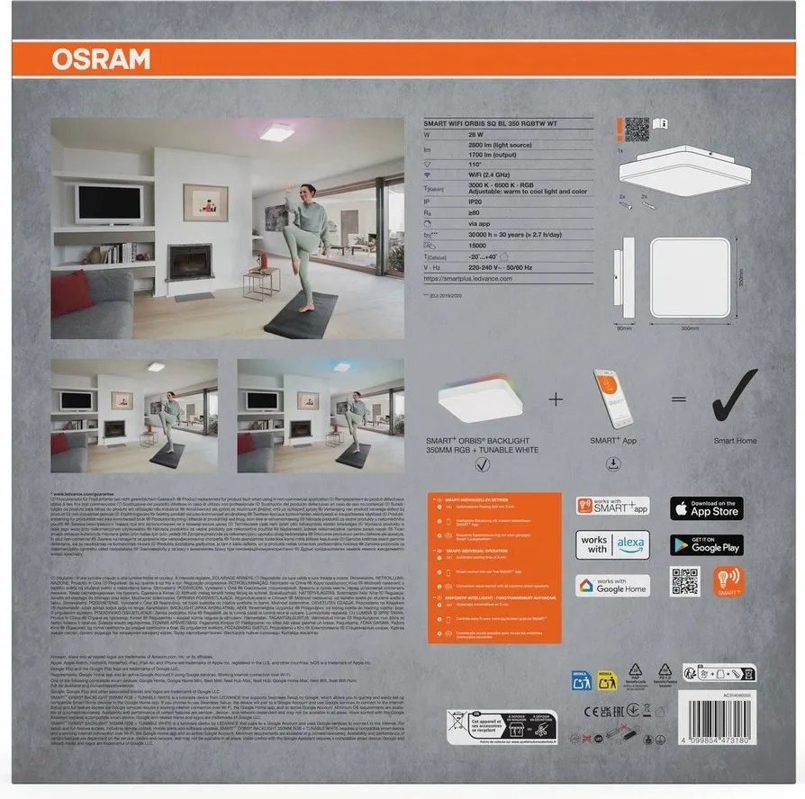 OSRAM OSRAM, ORBIS BACKLIGHT stropní svítidlo, 350x350mm, WIFI RGB + stmívatelné, OSRAM, 2800lm, 28W, IP20, bílá, AC314090255