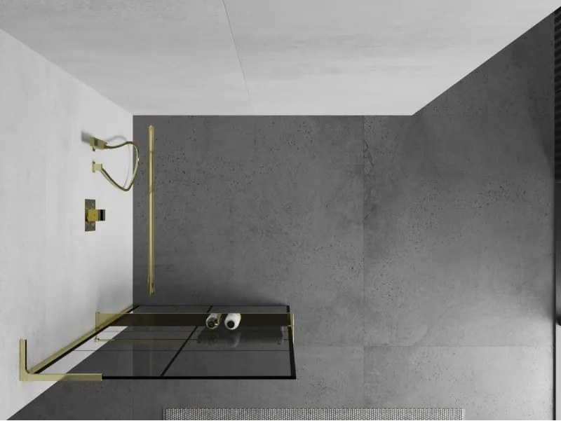 Mexen Kioto+ L, sprchová zástěna Walk-In s poličkou a věšákem 90 x 200 cm, 8mm čiré sklo černý vzor, ​​zlatý lesklý profil, 800-090-123-50-77
