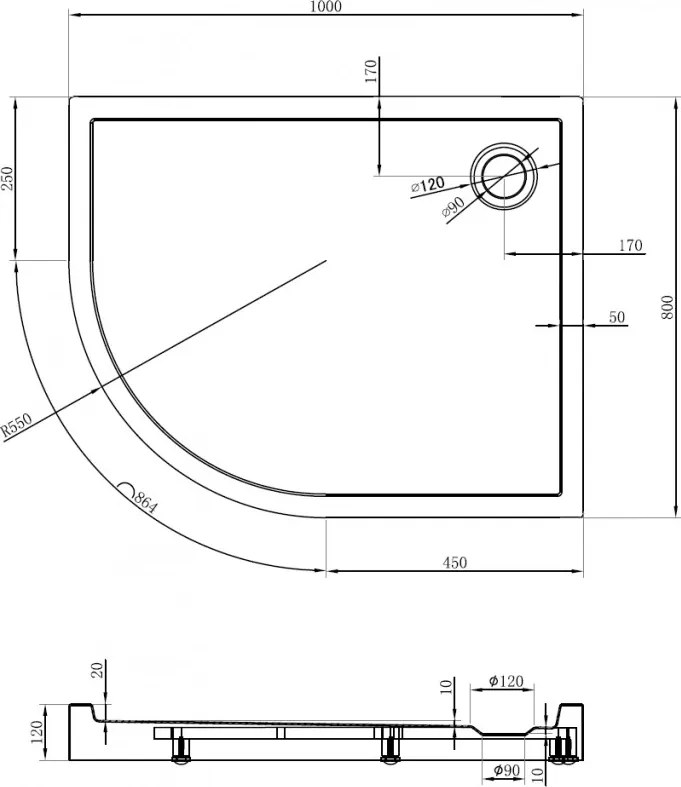 Mexen Flow+, čtvrtkruhová asymetrická sprchová vanička, pravá, 100 x 80 cm, bílá lesklá, 46Q108010RH