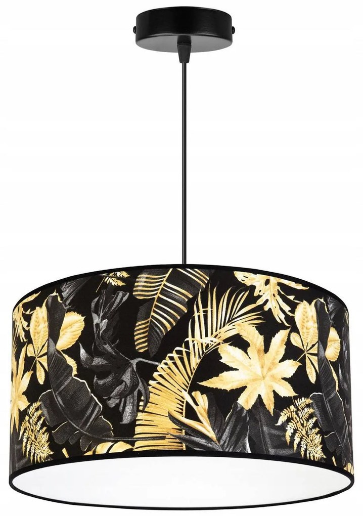 Závěsné svítidlo Gold Flowers, 1x černé textilní stínítko s květinovým vzorem, (fi 40cm)