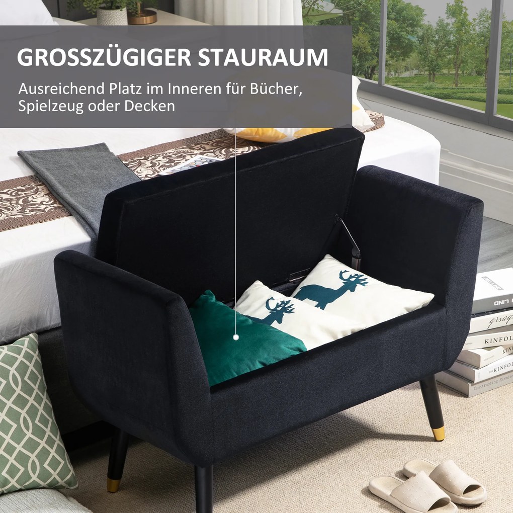 HOMCOM Luxusní čalouněná lavice s úložným prostorem a područkami, sametový polyester, kaučukové dřevo, černá, 107x42x65cm do obývacího pokoje a předs…