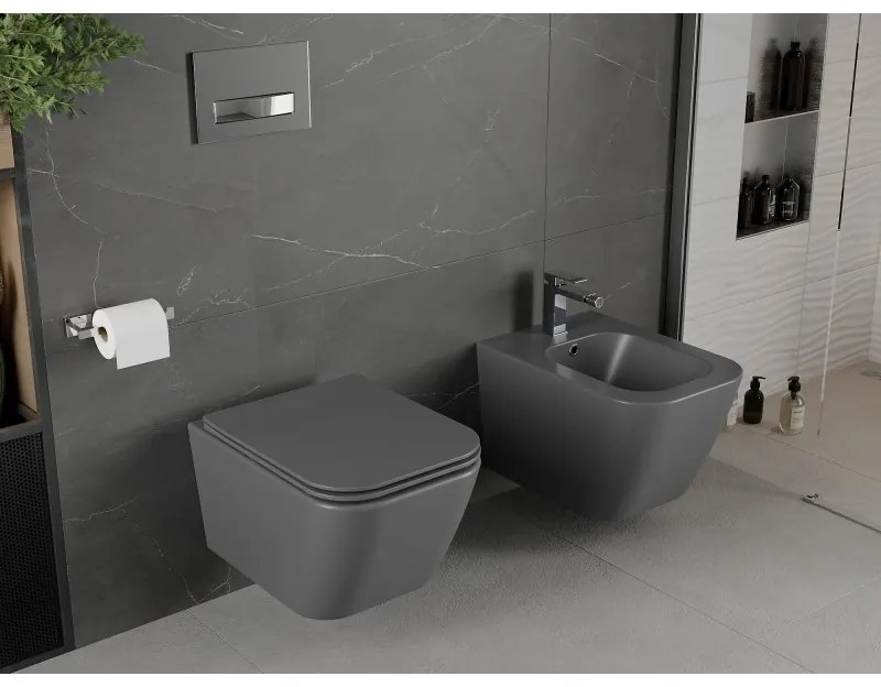 Mexen Madox WC mísa Rimless s pomalu padající deskou slim, duroplast, Světle matová šedá - 30154061