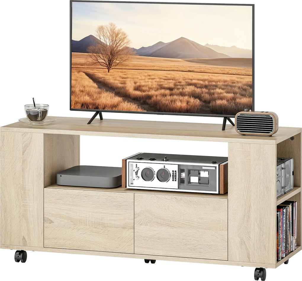 HOMCOM TV nábytek 106,68 cm s otočnými kolečky a brzdou, nastavitelné police a zásuvky, 102x34,5x48,5 cm, dřevo