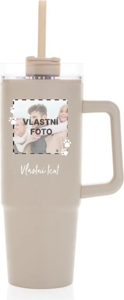 Personalizovaná cestovní termoska s průhledným víčkem s fotkou mazlíčka a textem