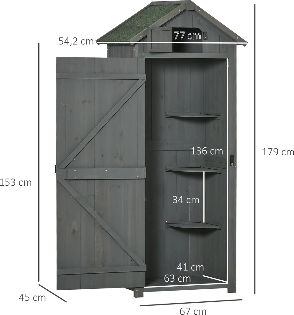 Outsunny zahradní skříňka zahradní přístřešek na nářadí s policemi asfaltová střecha okno dřevo šedá+zelená 77 x 54,2 x 179 cm | Aosom